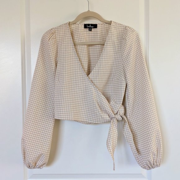 Lulus | Tops | Lulus Plaid Checkered Wrap Top In Beige And White Long ...